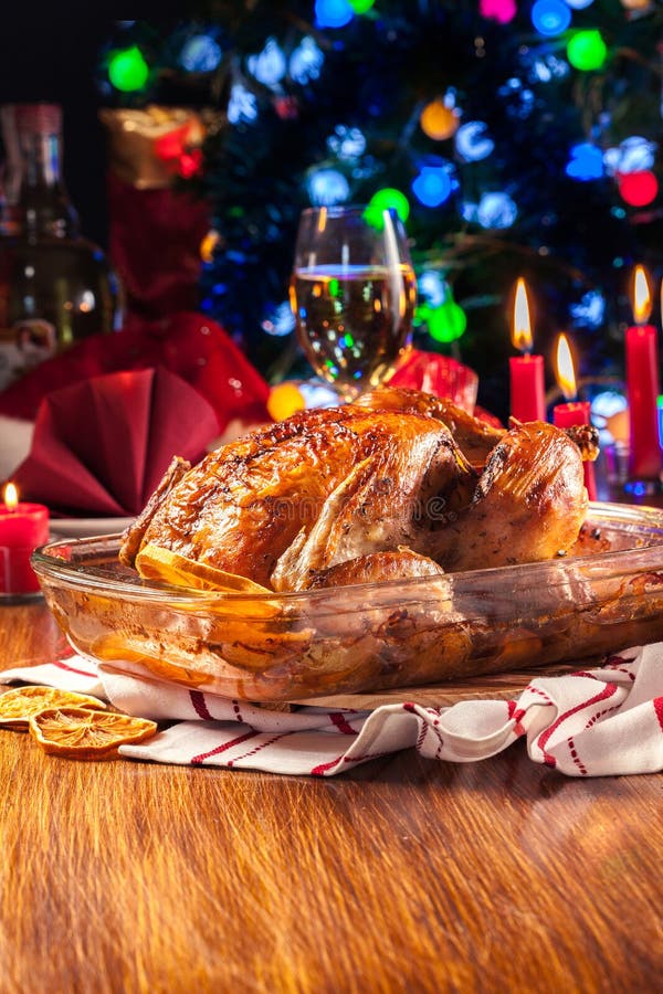 Baked or Roasted Whole Chicken on Christmas Table Stock Image - Image ...