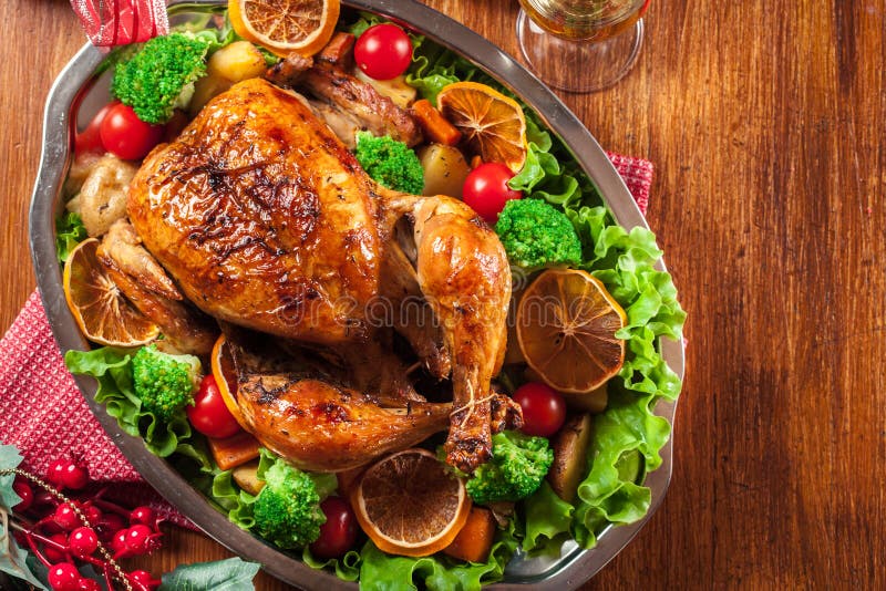 Baked or Roasted Whole Chicken on Christmas Table Stock Image - Image ...
