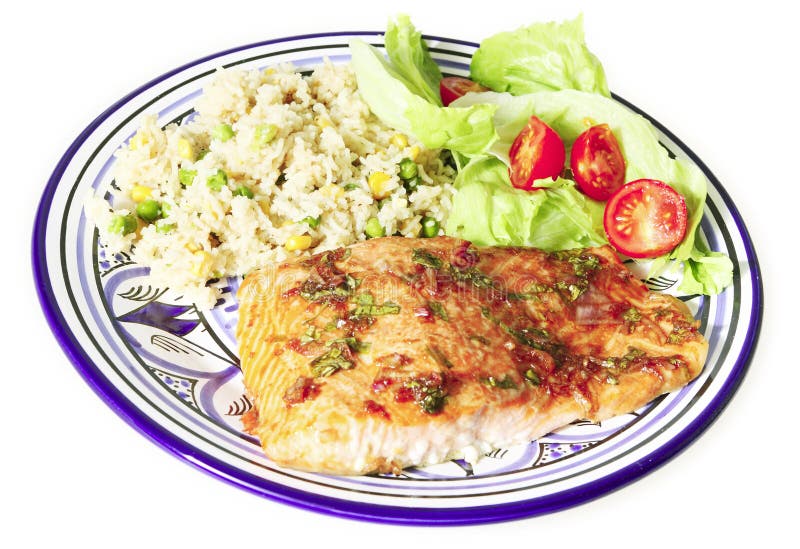 Baked salmon with rice stock image. Image of meal, tomato - 20508051