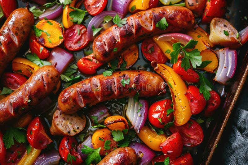 Baked Sausage with Vegetables on a Baking Sheet Stock Illustration ...