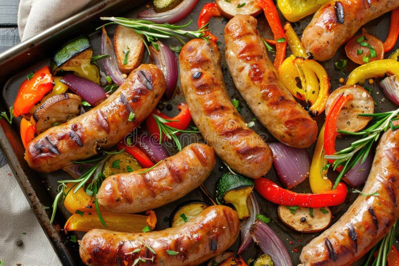 Baked Sausage with Vegetables on a Baking Sheet Stock Illustration ...