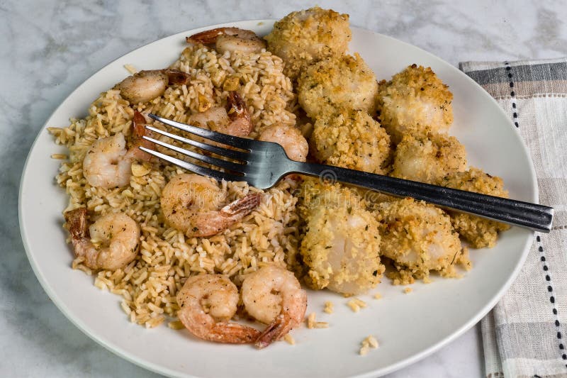 Baked Scallops Ith Brown Rice and Shrimp Stock Image - Image of food ...