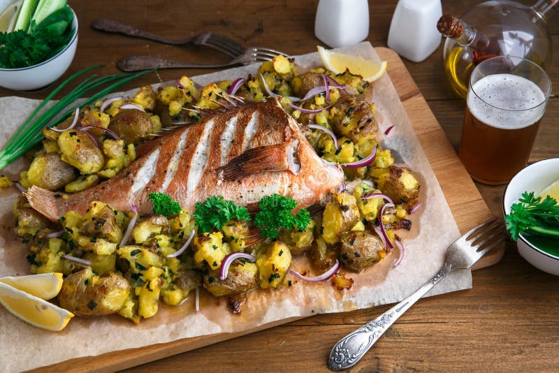 Baked Sea Perch or Red Grouper with Potatoes, Top View Stock Image ...