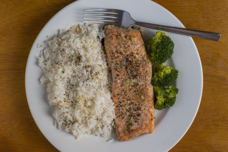 Baked Season Salmon with Rice and Broccoli Stock Image - Image of lunch ...