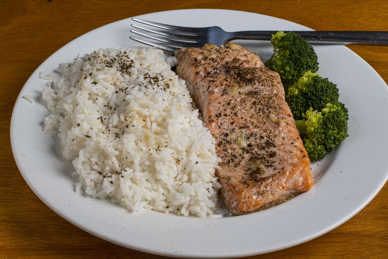 Baked Season Salmon with Rice and Broccoli Stock Image - Image of fish ...