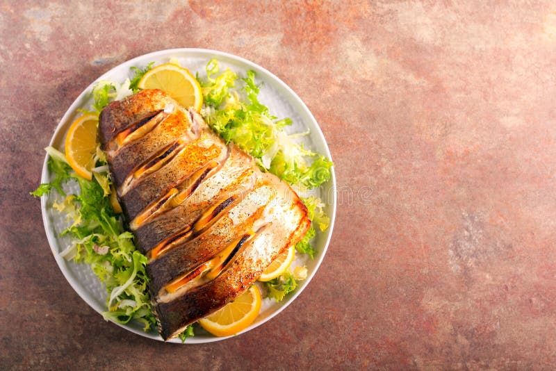 Baked silver carp fish stock image. Image of copy, flatlay - 213891735