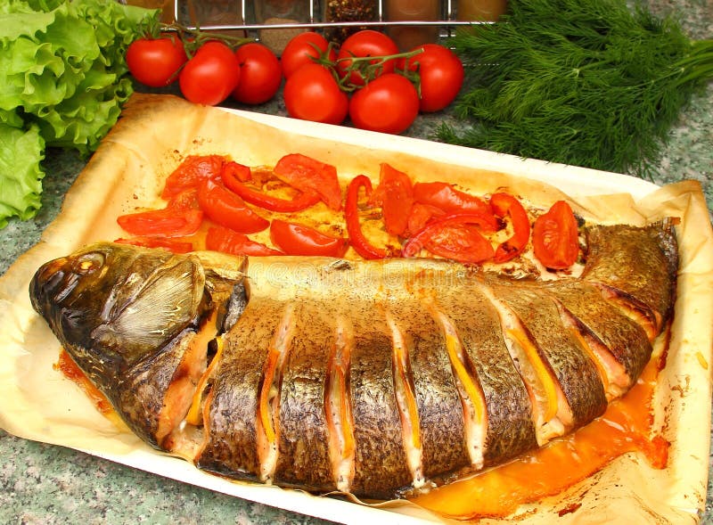 Baked Silver Carp with Tomato and Lemon Stock Photo - Image of lemon ...