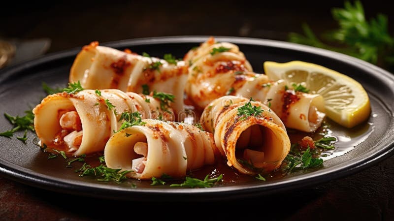 Baked Squid Stuffed Calamari. Generative AI Stock Illustration - Illustration of delicious ...