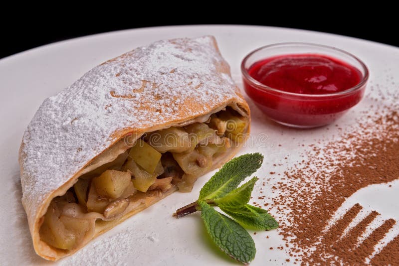 Baked Strudel with Apple, Jam and Mint Stock Image - Image of austrian ...