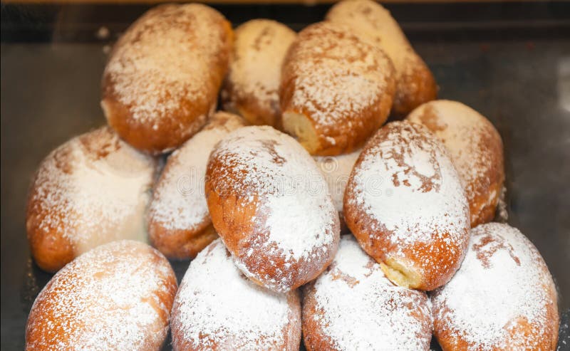 Baked Stuffed Buns in Bakery Shop, View through Glass Stock Image ...