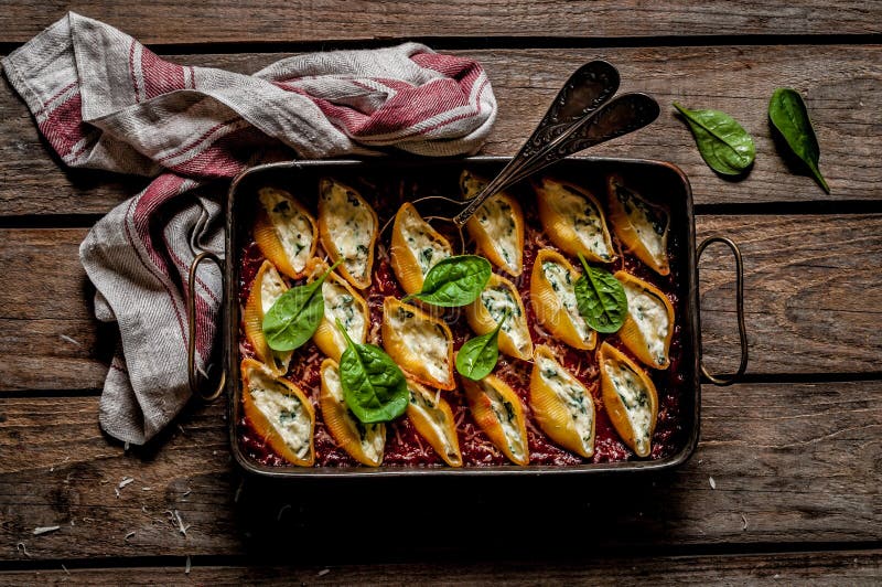 Baked Stuffed Pasta Shell stock photo. Image of feta - 122664360
