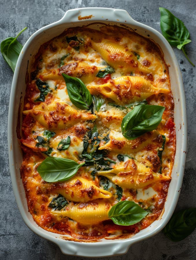 Baked Stuffed Pasta Shells with Tomato Sauce, Cheese, and Spinach Stock ...