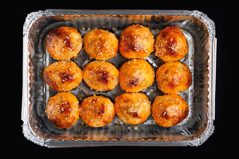 Baked Sushi Rolls in a Foil Box Container Stock Photo - Image of foil ...