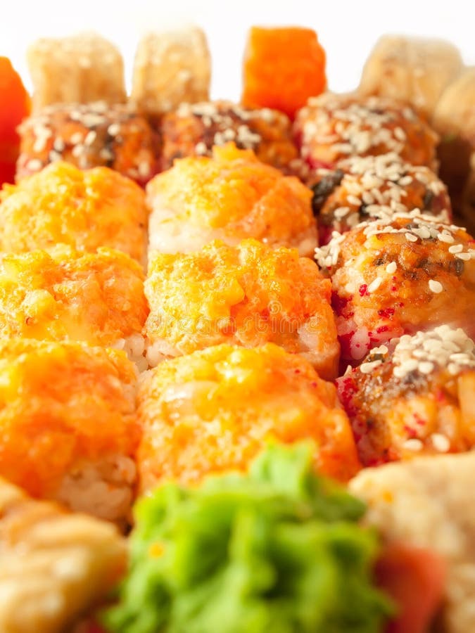 Baked Sushi Rolls with Orange and Red Roe Closeup Stock Image - Image ...