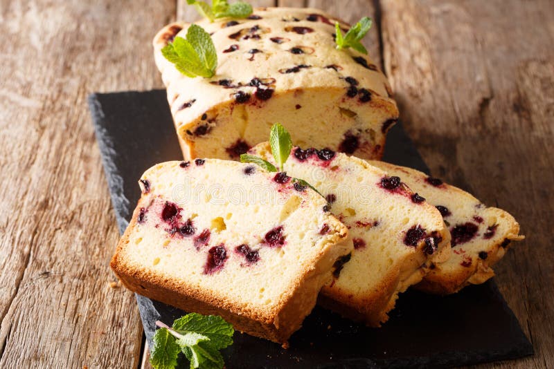 Baked Sweet Black Currant Cake with Mint Close-up. Horizontal Stock ...