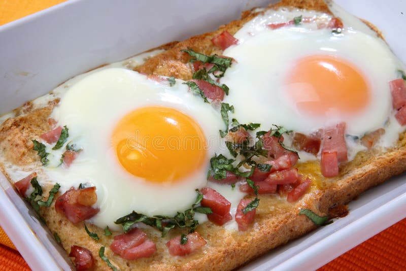 Baked Toast with Eggs and Ham Stock Image - Image of piece, herb: 7854929