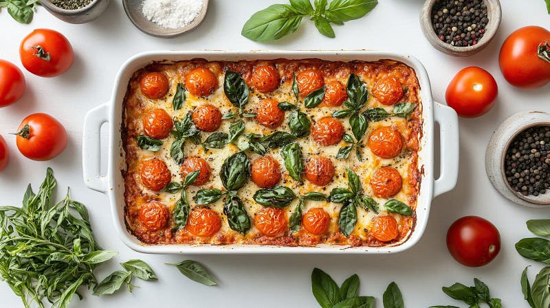 Baked Tomato Basil Casserole, Kitchen Setting, Overhead Shot, Recipe ...