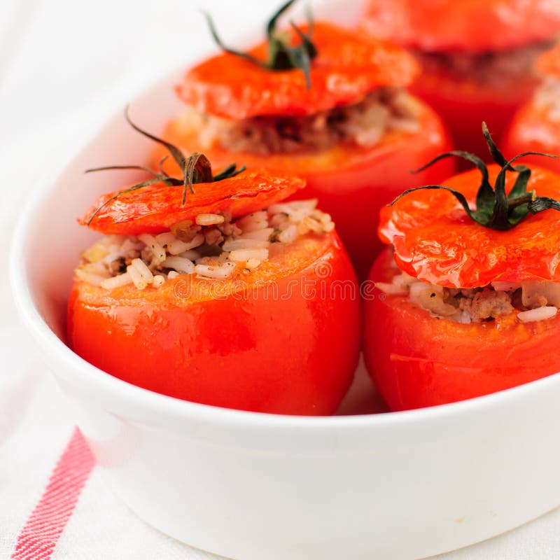 Baked Tomatoes Stuffed with Rice and Beef Mince Stock Photo - Image of ...