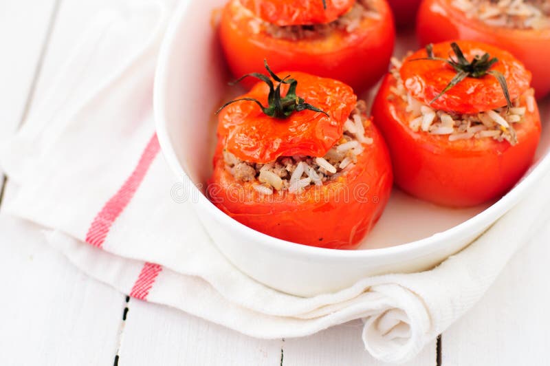 Baked Tomatoes Stuffed with Rice and Beef Mince Stock Image - Image of ...