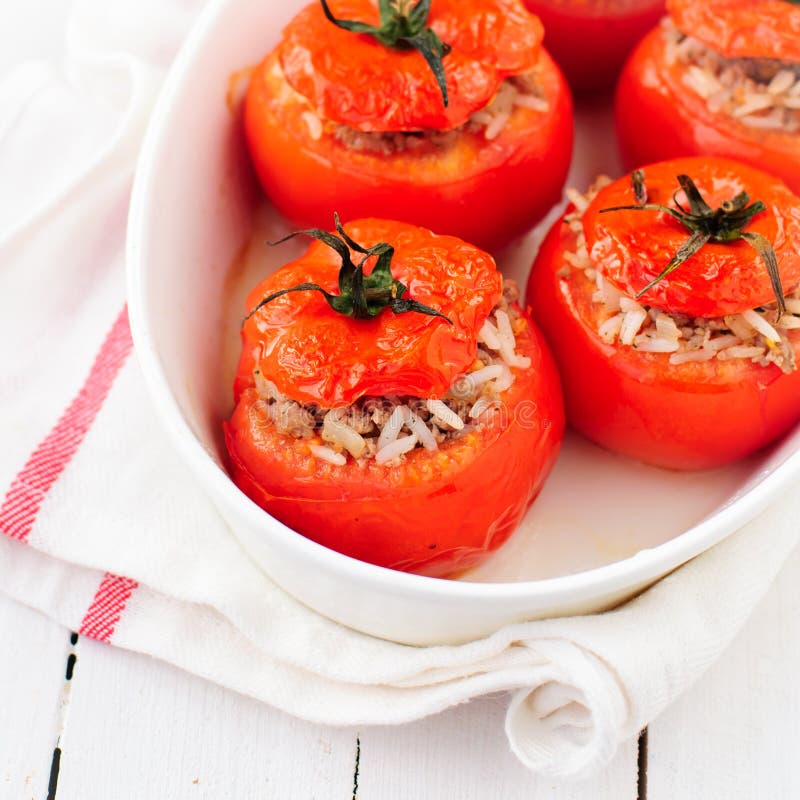 Baked Tomatoes Stuffed with Rice and Beef Mince Stock Image - Image of ...