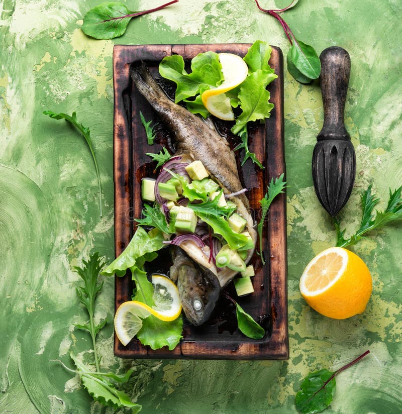 Baked fish with avocado stock photo. Image of appetizing - 146886286