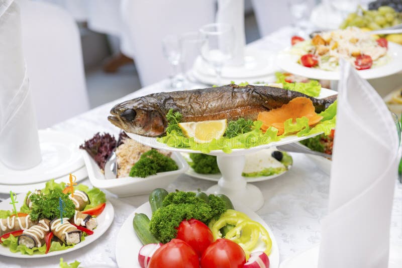Baked Trout, Fish on the Banquet Table Stock Photo - Image of delicious ...