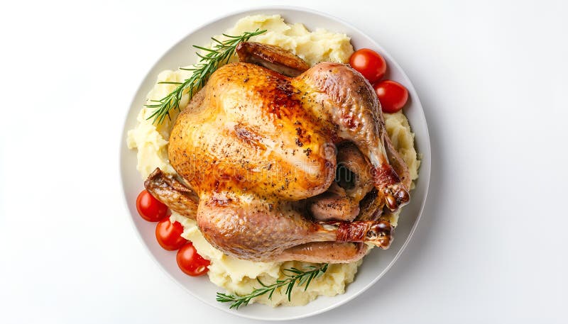 Baked Turkey with Mashed Potatoes and Tomatoes Isolated on White, Top ...