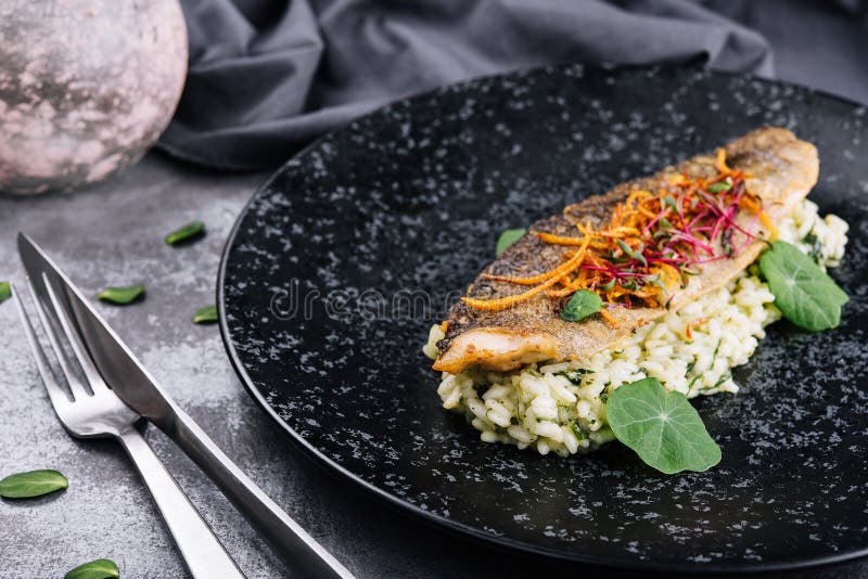 Baked White Fish Fillet Served with Steamed Rice Stock Photo - Image of ...