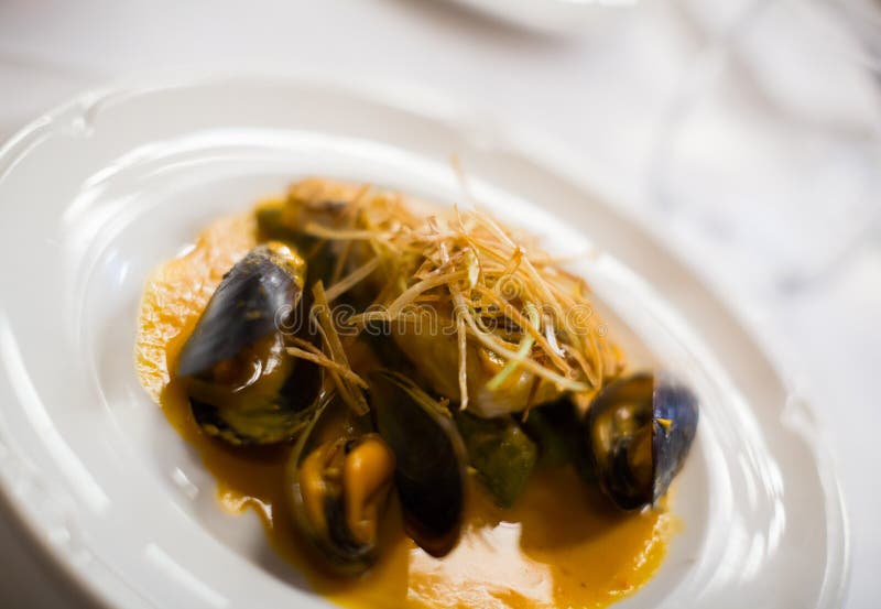 Baked White Fish with Mussels Stock Photo - Image of mussels, codfish ...