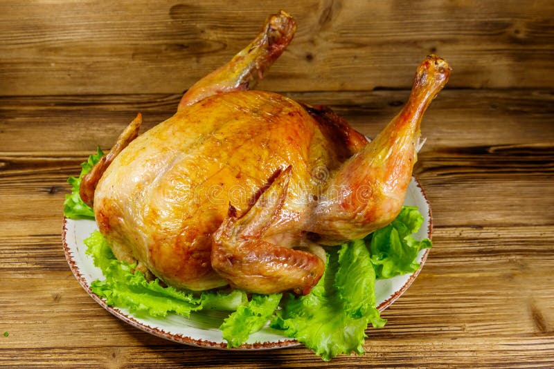 Baked Whole Chicken on Wooden Table Stock Image - Image of christmas ...
