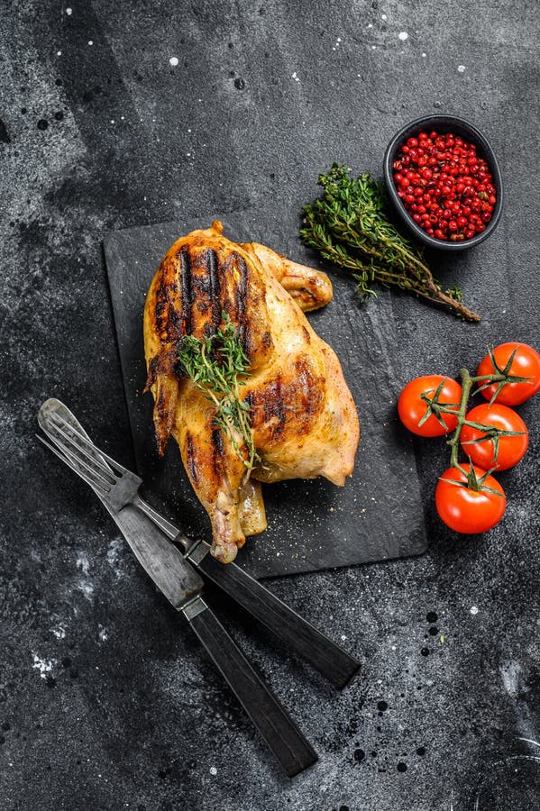Baked Whole Farm Chicken with Thyme. White Background. Top View Stock ...