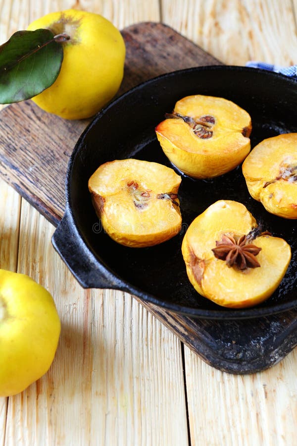 Baked yellow quince in pan stock photo. Image of baked - 38784102