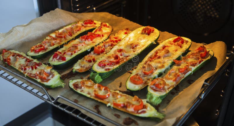 Baked Zucchini with Ham and Vegetables, Under Cheese Stock Image ...