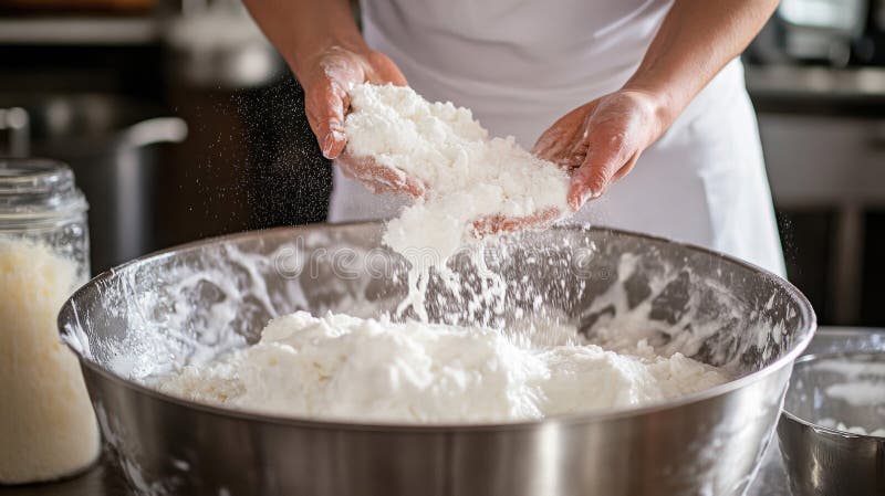 Baker Adding Flour To Mixing Bowl of Dough Stock Illustration ...