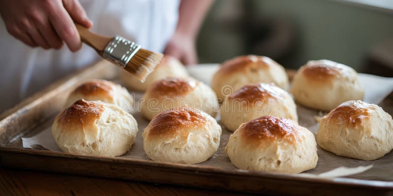 Baker Applying Egg Wash on Sweet Buns before Baking Stock Image - Image ...