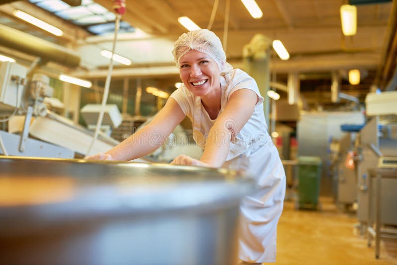 Baker Apprentice Pushes Cauldron or Vat in Large Bakery Stock Photo ...