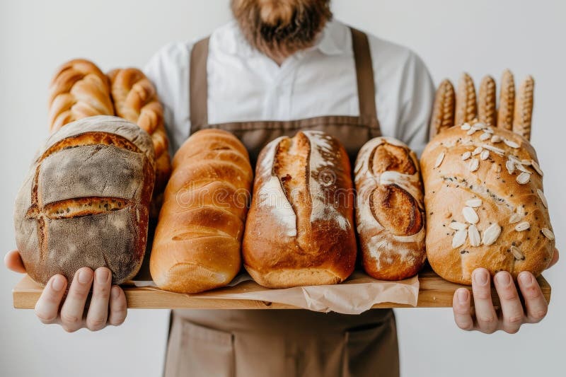 Baker in Apron Showcasing Assortment of Freshly Baked Artisan Bread in ...