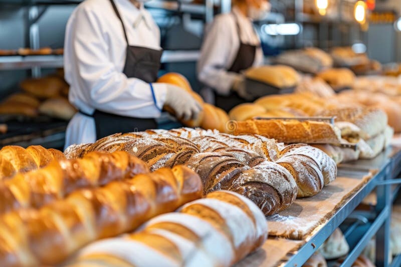A Baker Arranges Rows of Freshly Baked Bread on a Metal Shelf in a ...