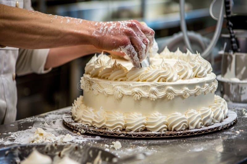 A Bakers Hand Carefully Applies Frosting To a Wedding Cake, Showcasing ...