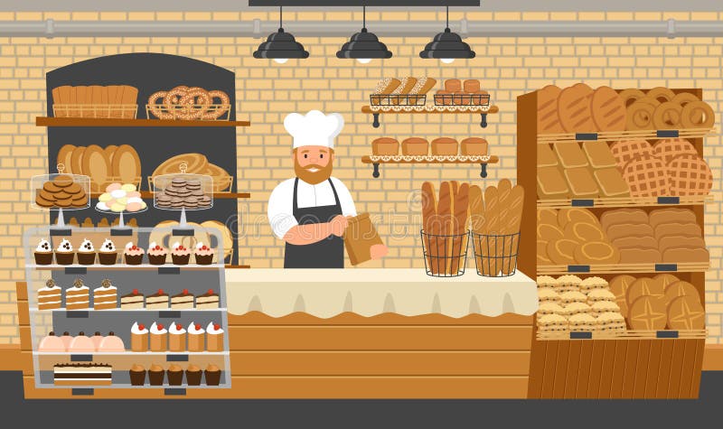 Bakery Shop. Showcases with Bread, Buns and Cakes. Stock Vector ...