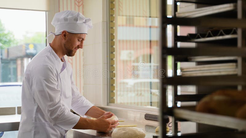 Baker Chef is Making with Flour Loaf of Dough for Preparation of Pasta ...