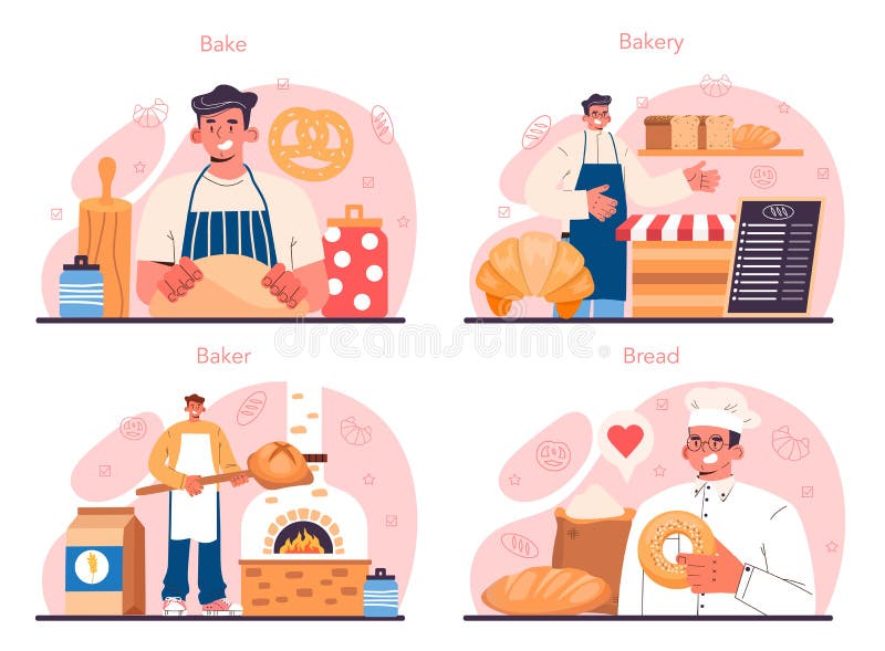 Baker Concept Set. Chef in the Uniform Baking Bread. Baking Pastry ...
