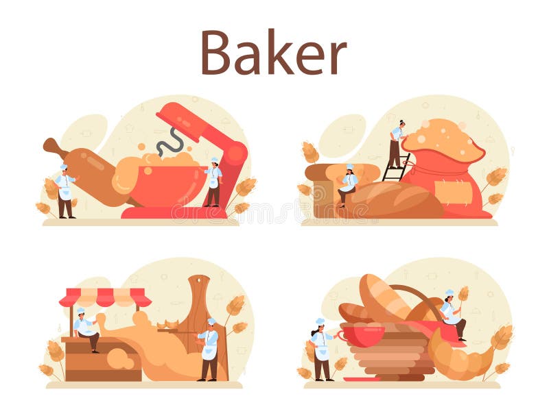 Baker Concept Set. Chef in the Uniform Baking Bread Stock Vector ...