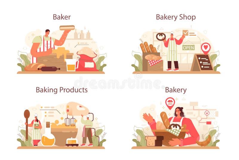 Baker Concept Set. Chef in the Uniform Baking Bread. Baking Pastry ...