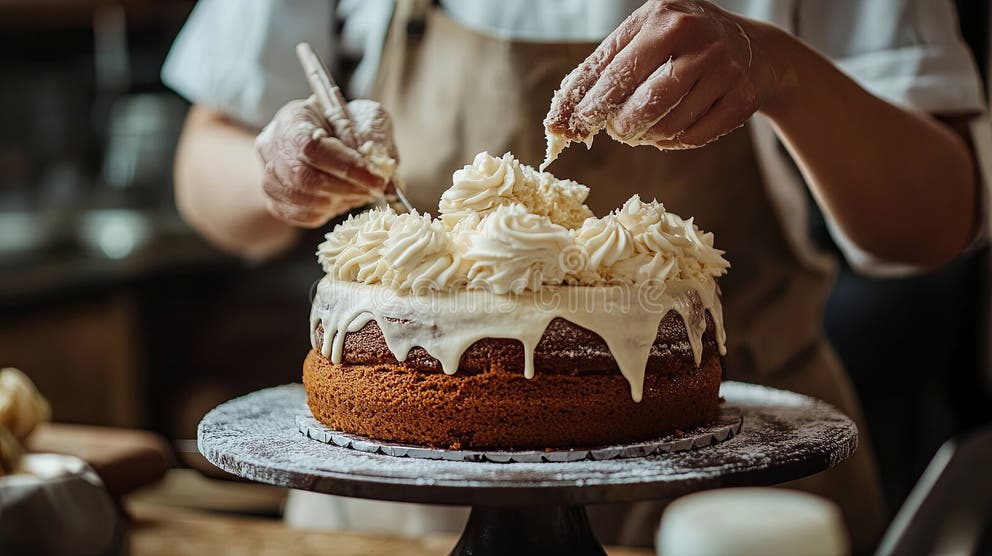 A Baker Decorating a Cake with Icing.. Stock Image - Image of raspberry ...