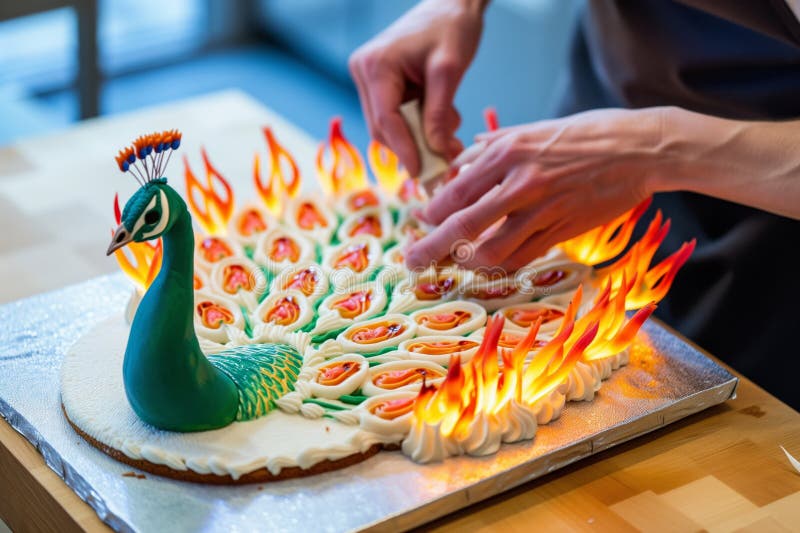 Baker Decorating a Cake Shaped Like a Peacock with Flameshaped Icing ...