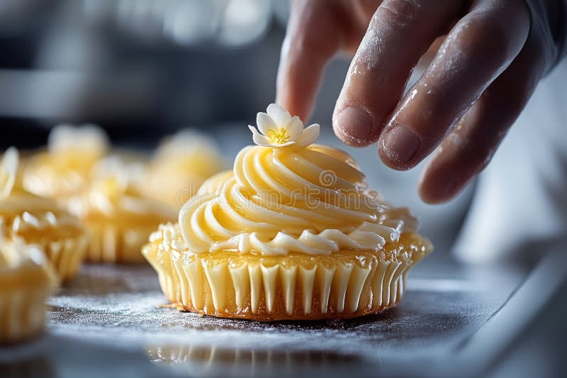 Baker Decorating Delicate Desserts with Cream and Toppings in a Modern ...