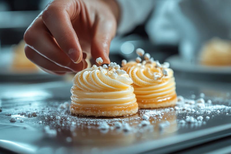 Baker Decorating Delicate Desserts with Cream and Toppings in a Modern ...