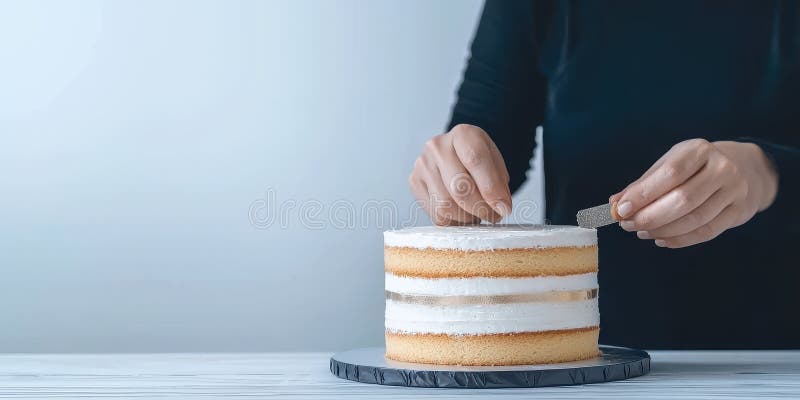 Baker Decorating White Layered Cake with Metallic Element Stock ...