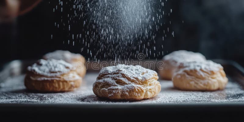 Baker Dusting Powdered Sugar on Warm Donuts in Bakery Stock Photo ...